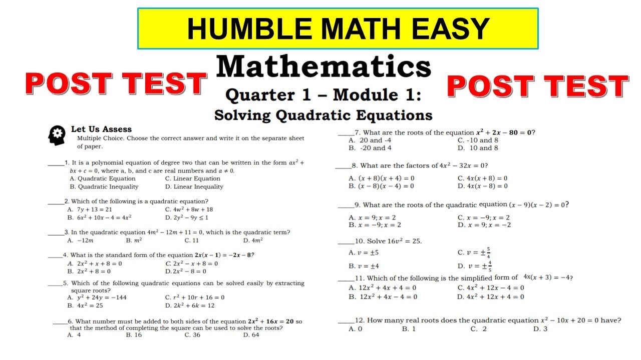 Post Test of Solving Quadratic Equation | Grade 9 Math | Dexter Coraje | HME