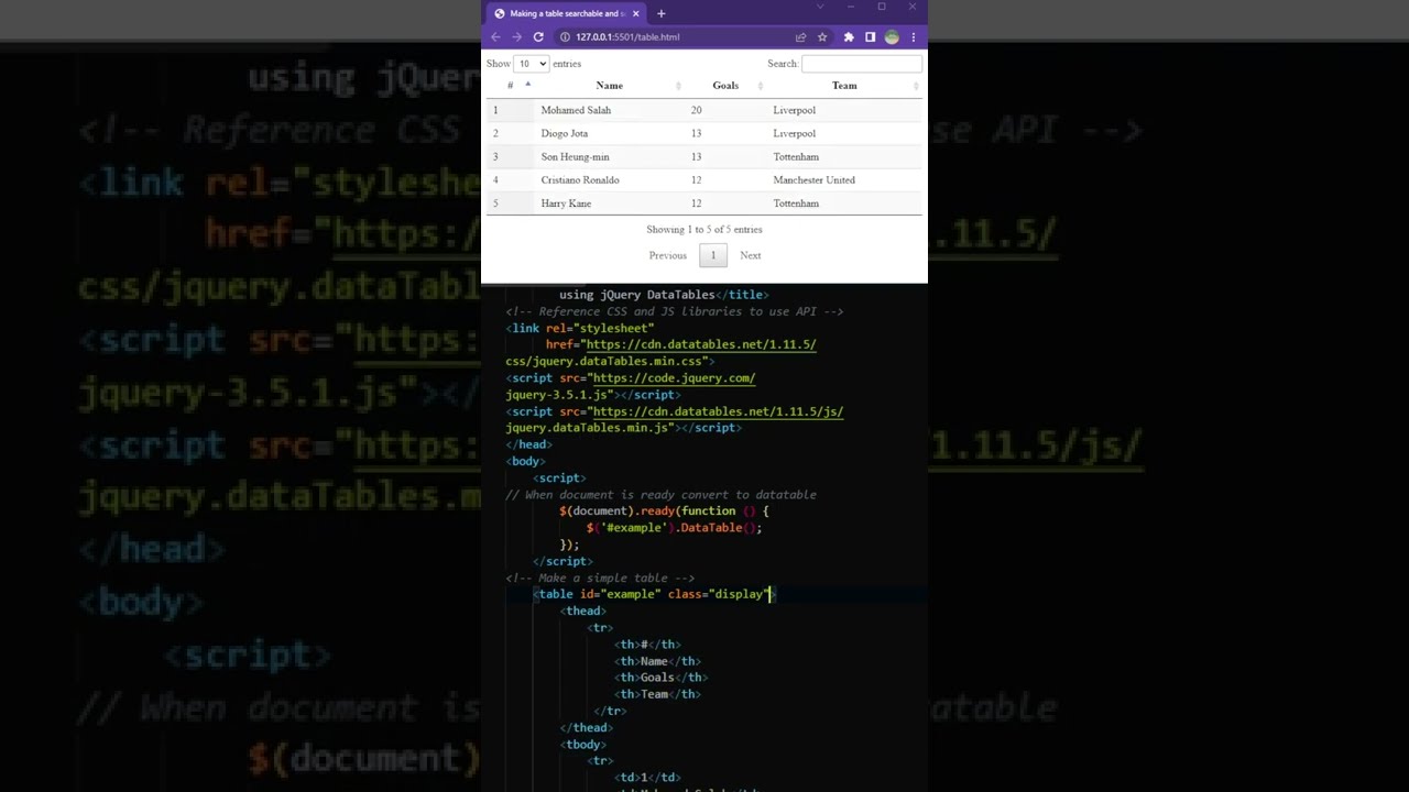 How to make a table searchable and sortable using jQuery DataTables