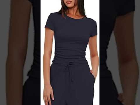 Women's 2 Piece Outfits Lounge Sets Short Sleeve Tops High Wide Leg Pants Tracksuit Sets #fashion