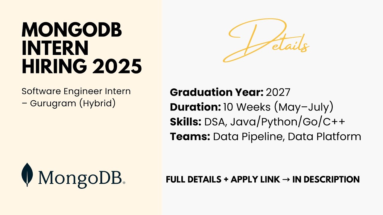 MongoDB Software Engineer Intern 2025 – 2027 Batch Eligible | Hybrid | Apply Link