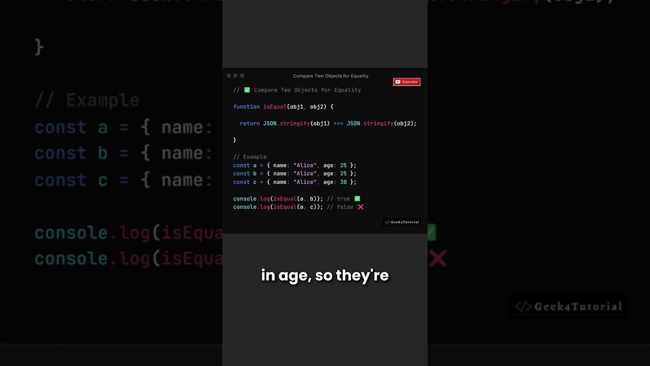 How to Compare Two Objects for Equality in JavaScript | Quick Tip | #shortvideo #javascript