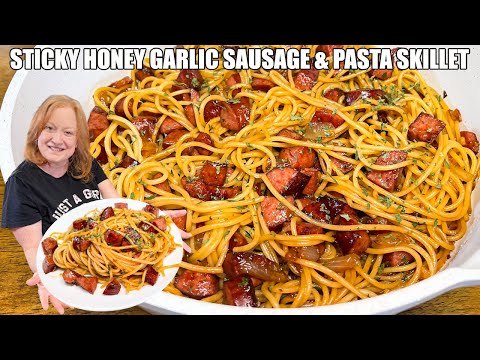 STICKY HONEY GARLIC SAUSAGE PASTA SKILLET