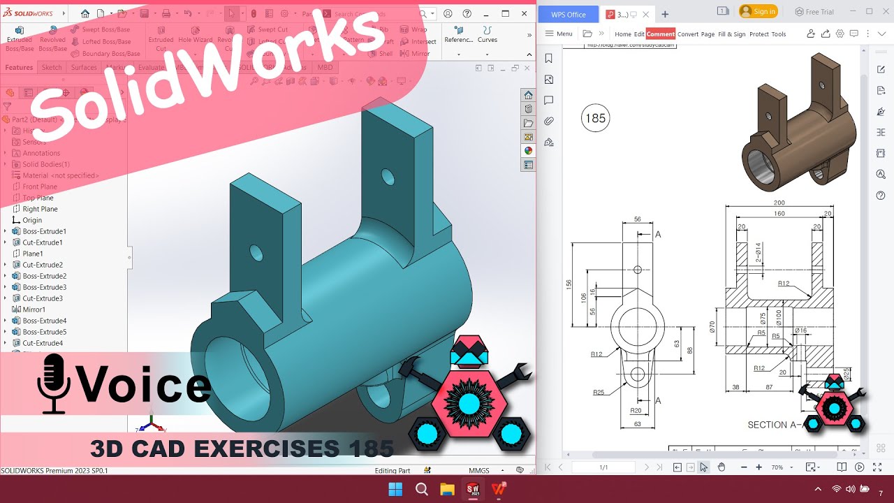 SolidWorks | 3D CAD EXERCISES 185 | StudyCadCam | Solution Tutorial |