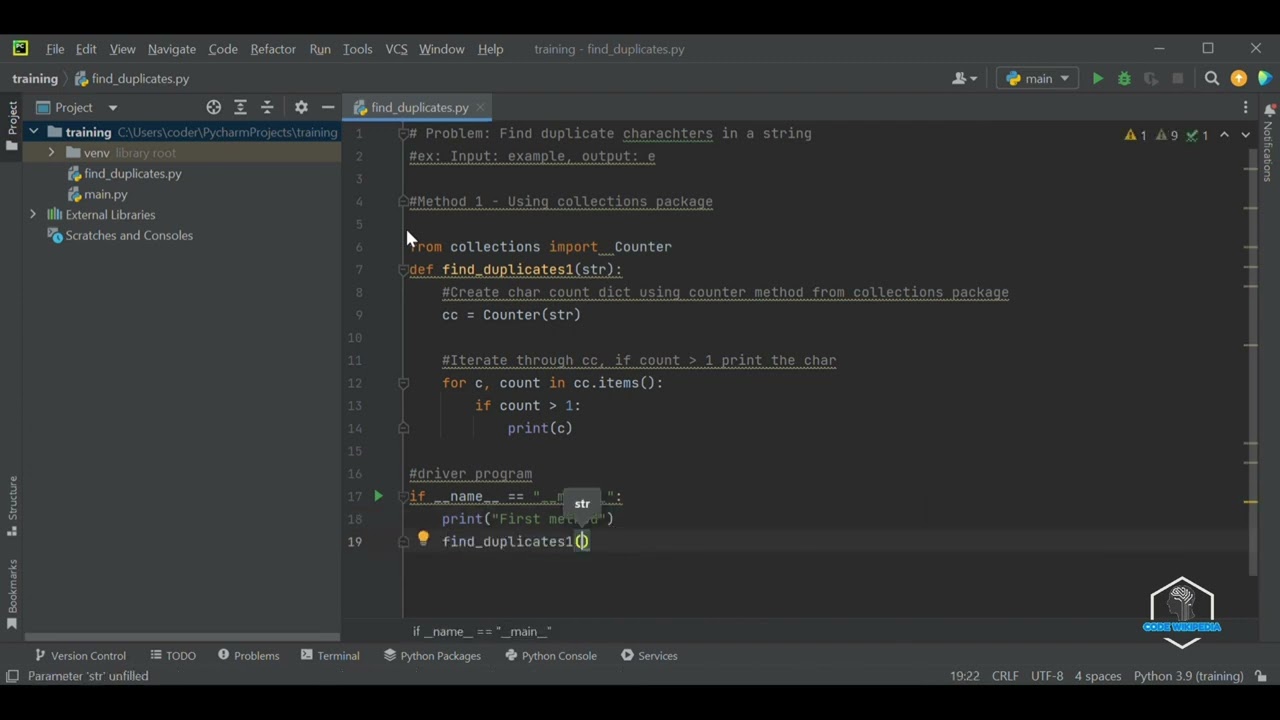 Python Interview Questions | Find duplicates in a string using python | Coding Interviews