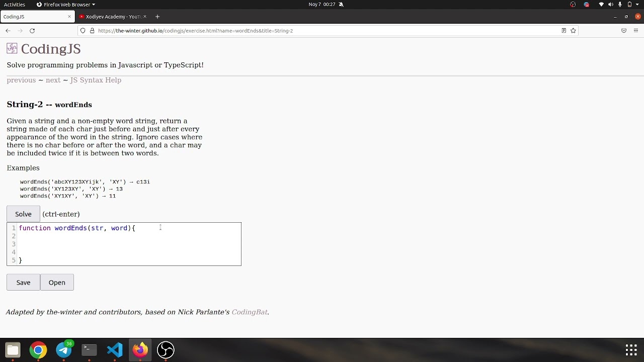 CodingJS String-2 -- wordEnds  Javascript solution