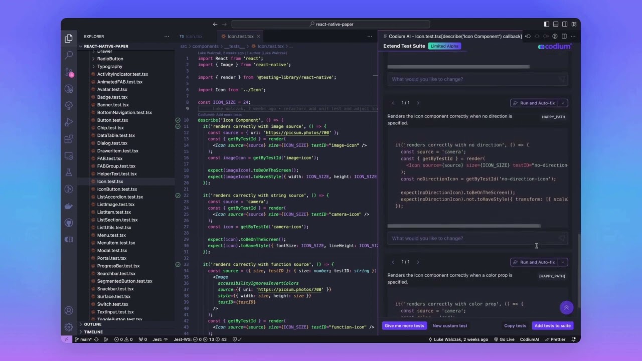 Extend React Native Test Suite With AI - Use CodiumAI's VS Code Plugin With React Native Paper