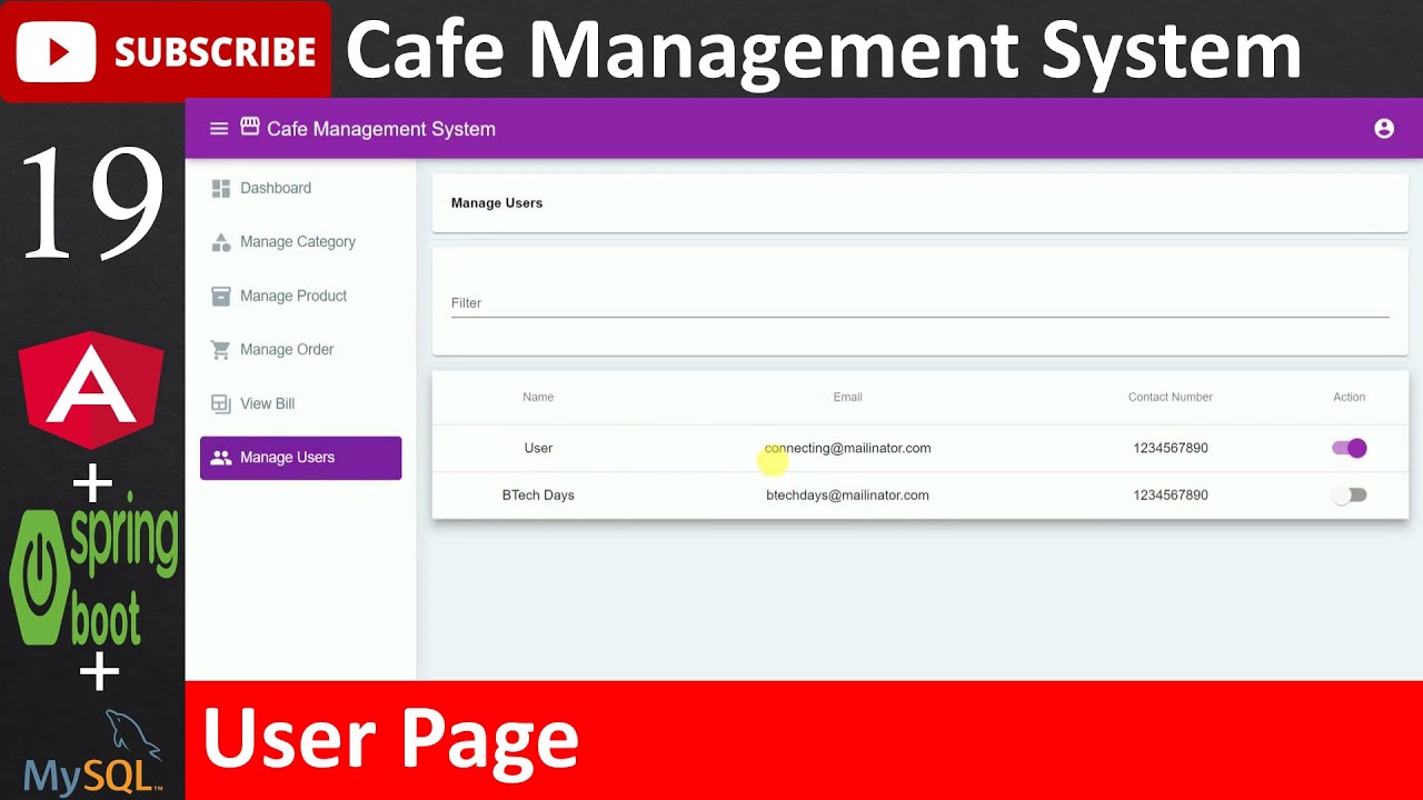 19. Cafe Management System - User Page (Angular, Spring Boot - Java, MySQL Database)