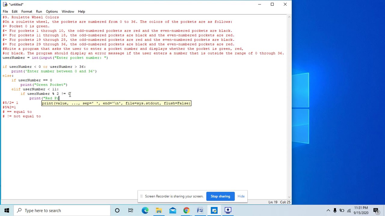Python #9- Roulette Wheel Color