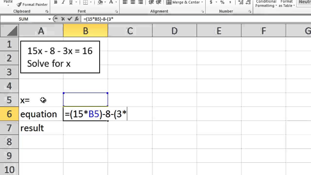 Basic algebra with Excel