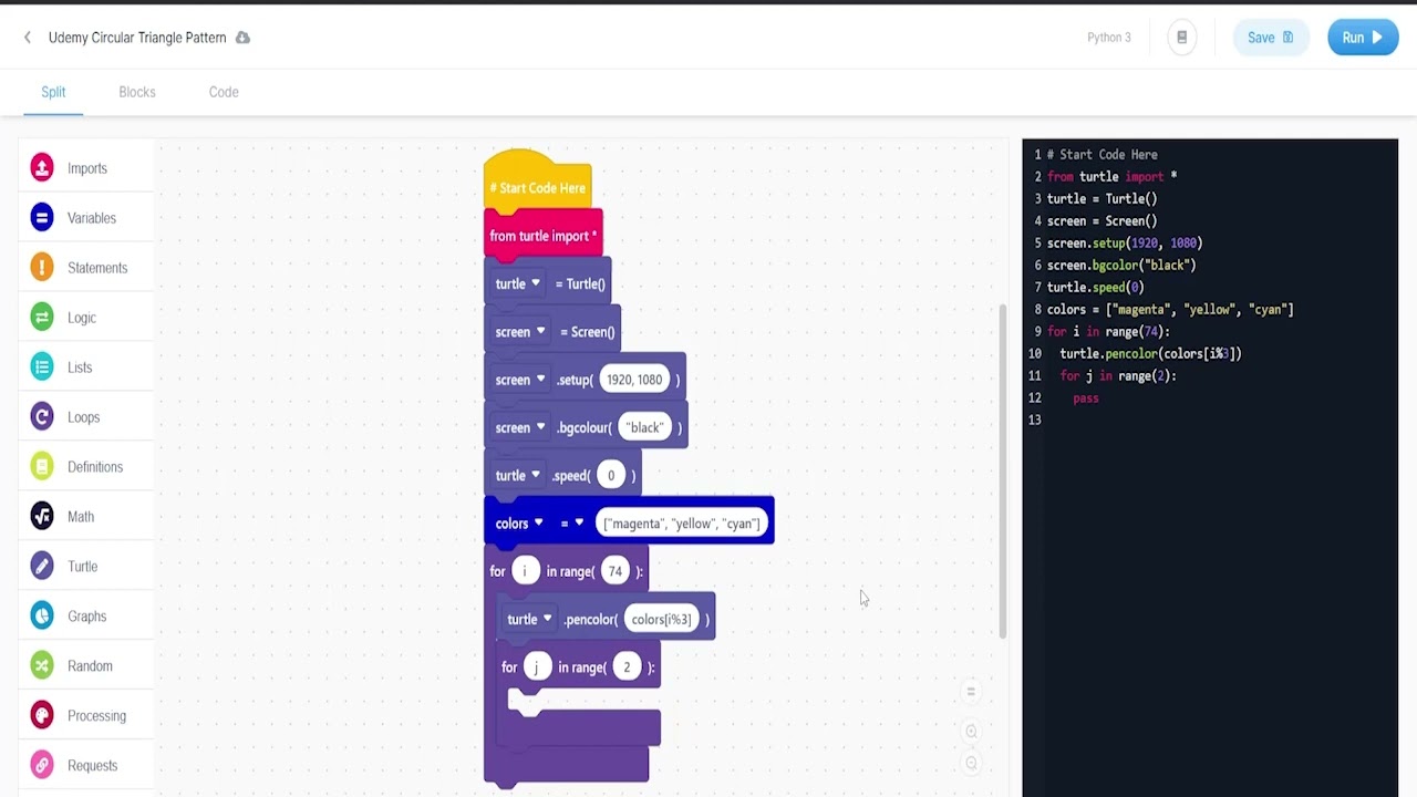 Coding Made Easy: Creating A  Different Circular Triangle Pattern In Block Scripting and Python