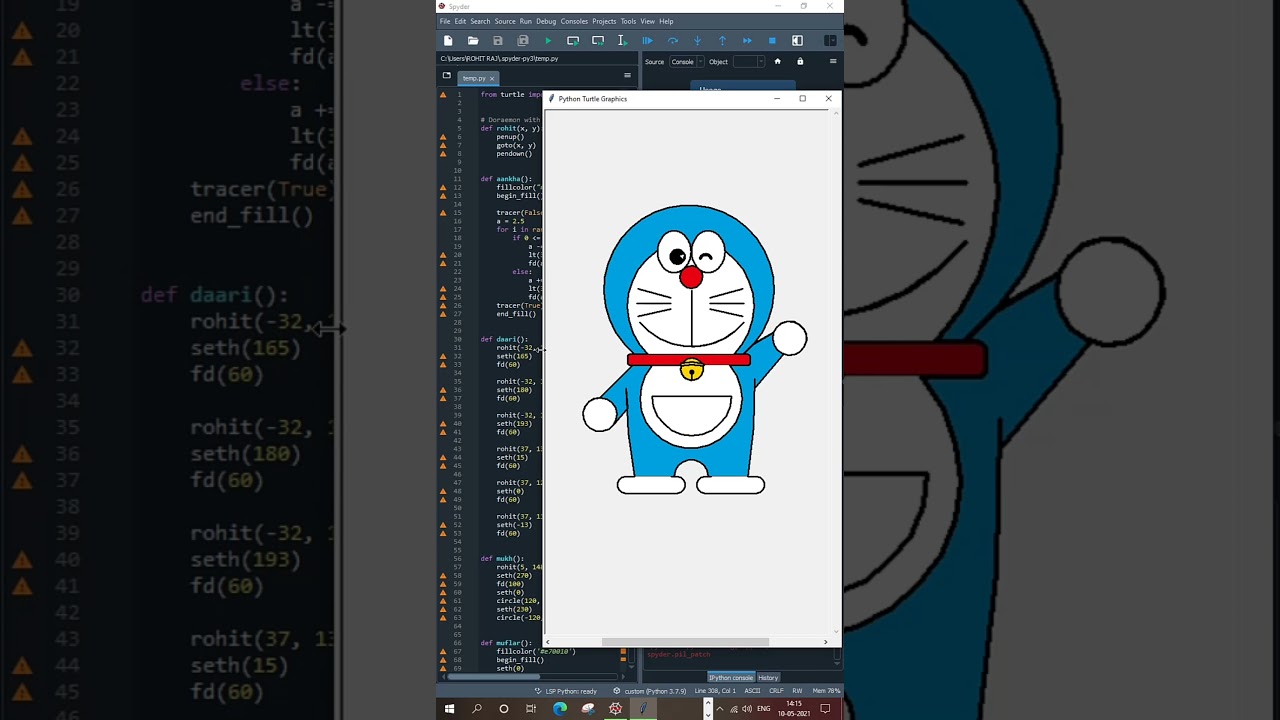 Doraemon using Python, Coding Doraemon in Python Turtle, Programming Doraemon in Python #shorts