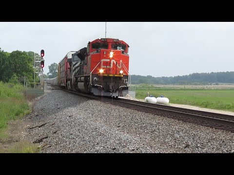 Canadian National Southbound auto rack train and BCRAIL and NEW HAT on the Waukesha sub on 6/10/2025