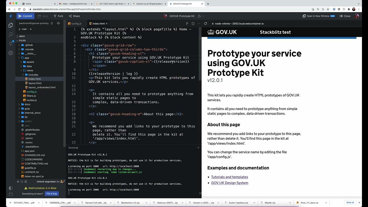 Stackblitz Cloud based GOVUK Prototype Kit