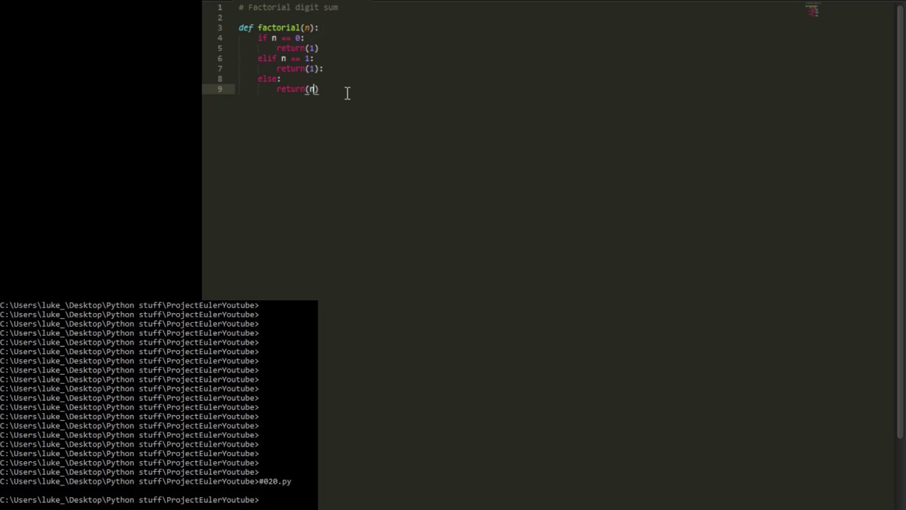 Python Beginner tutorial series using project Euler #20 - factorial digit sum