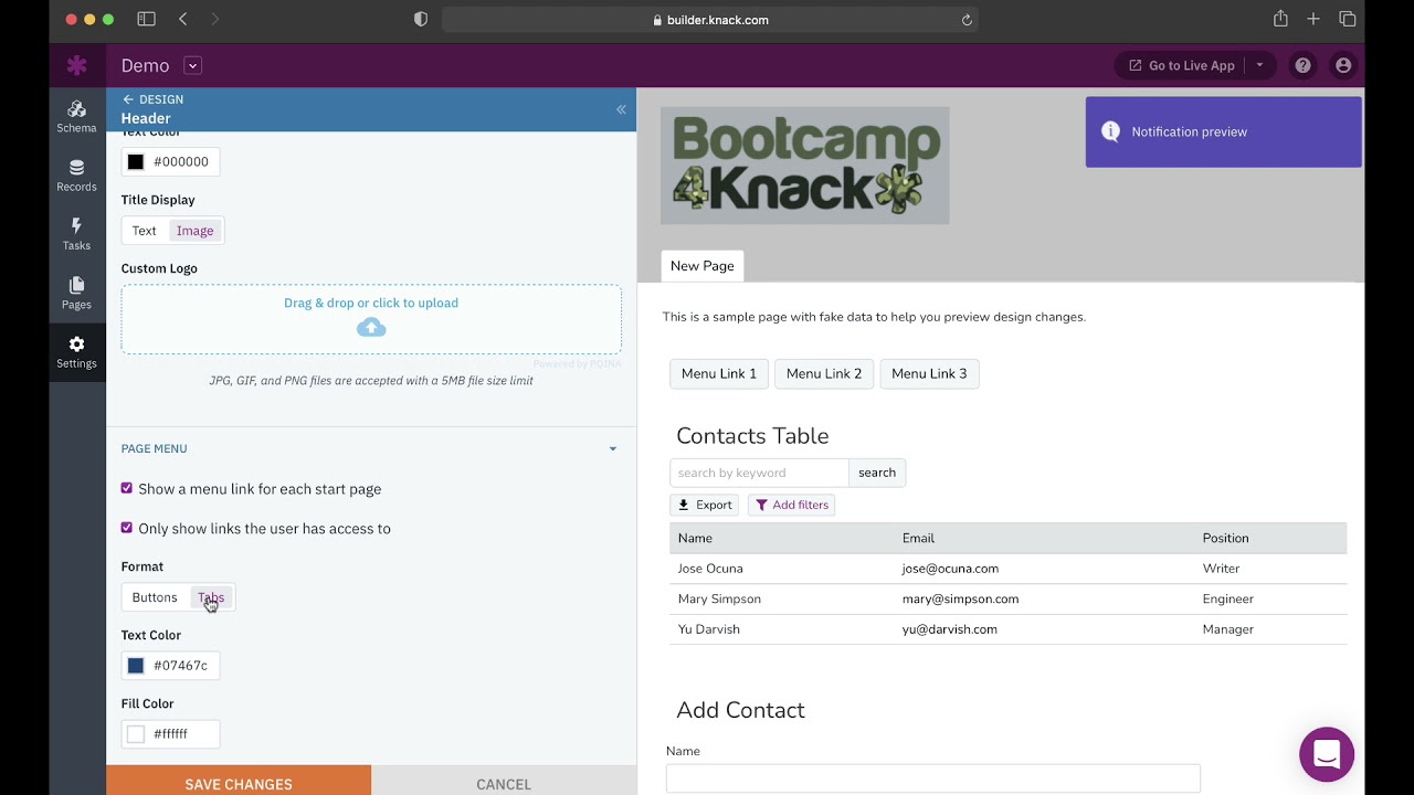 Live App Design for Knack database software