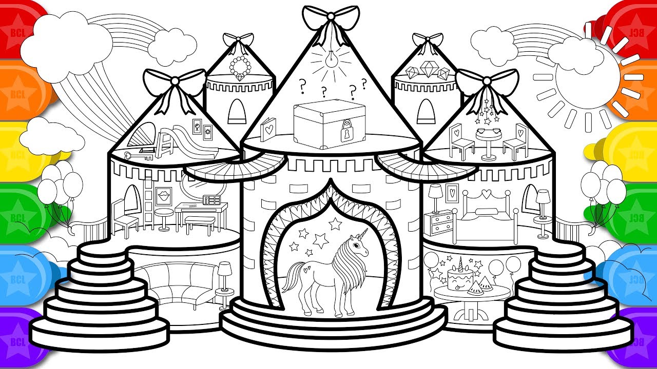 Glitter Unicorn House Coloring and Drawing for Kids | How to Draw a Unicorn House Coloring Page