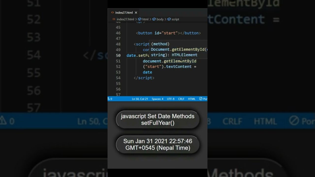 JavaScript Set Date Method setFullYear #shorts #html