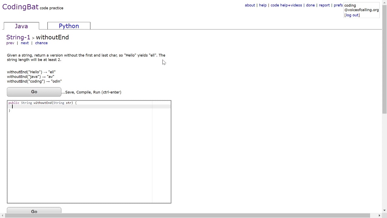 String-1 (withoutEnd) Java Tutorial || Codingbat.com