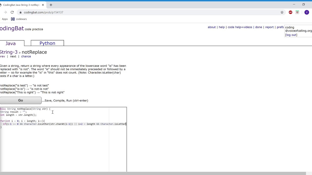 String 3 (notReplace) Java Tutorial || codingbat.com