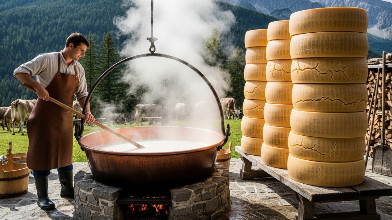 Traditional cheese making. Processing 500 liters of fresh milk by hand