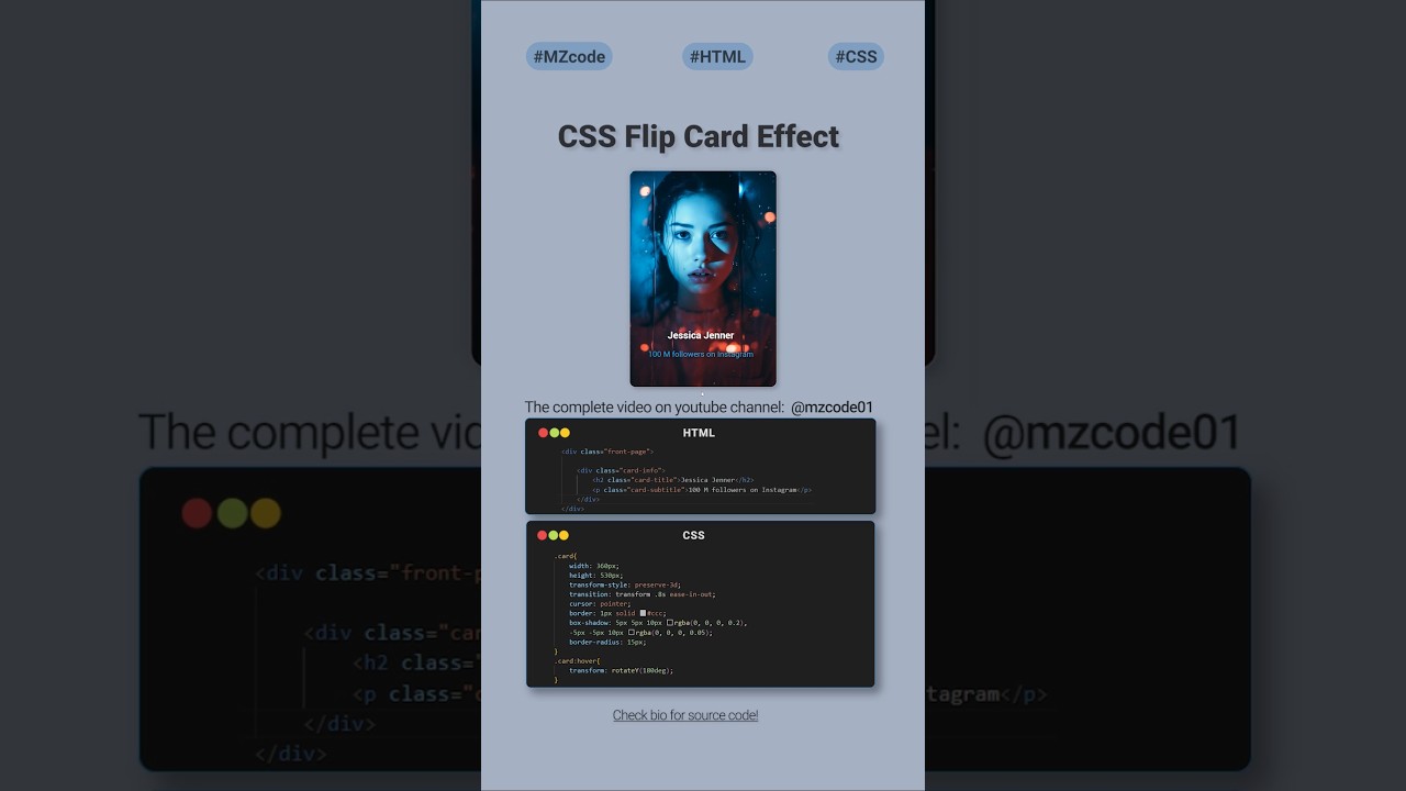 Stunning Flip Card with HTML & CSS 🃏 | Hover Animation Tutorial 🚀 | MZCode01 #css #coding #shorts