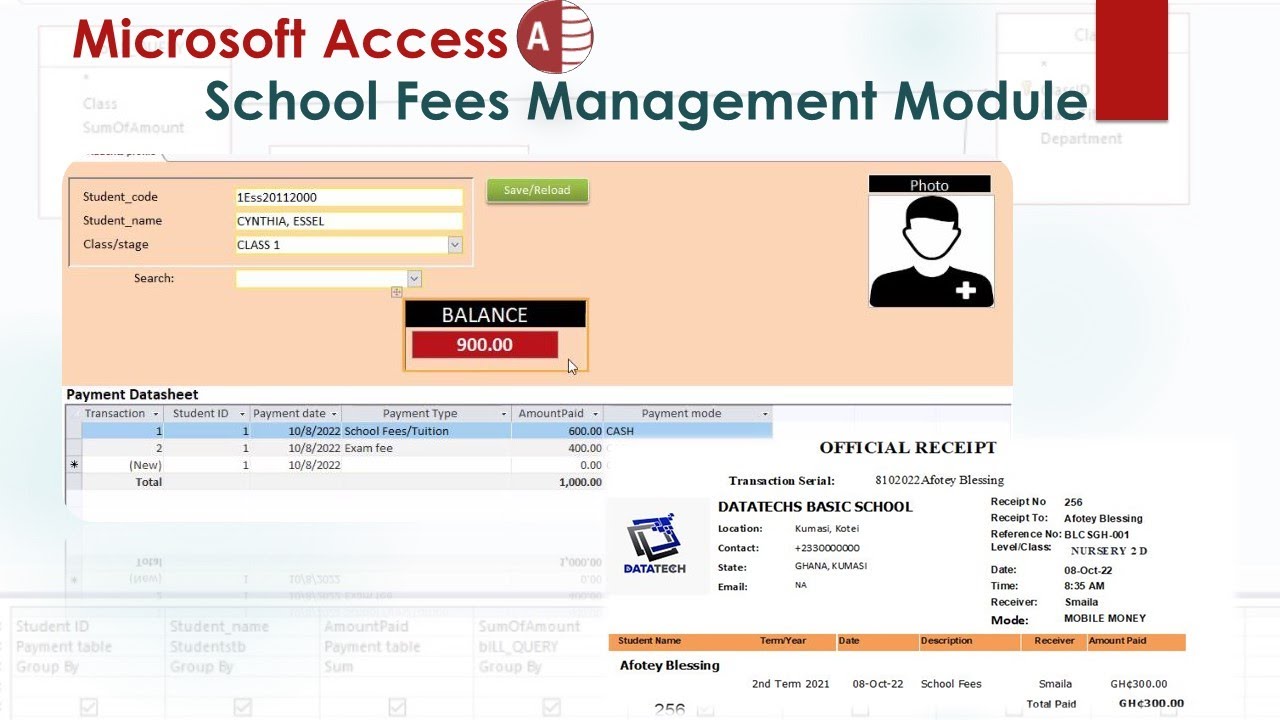 How to create School fees management database in MS Access