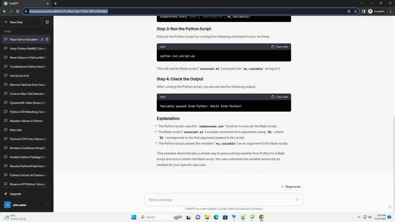 How do I pass a variable string to a bash script from python and later echo it