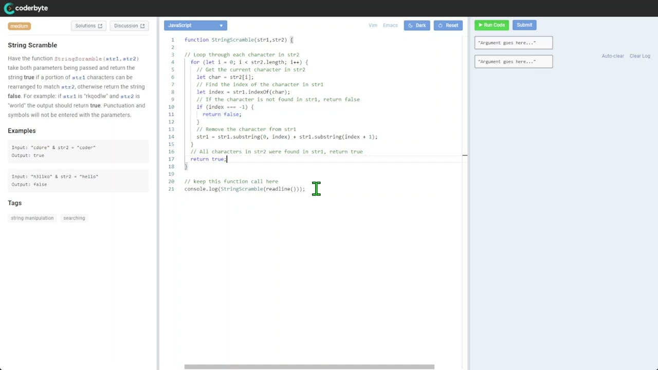 Coderbyte - String Scramble - Code challenge - JavaScript Solution Source Code