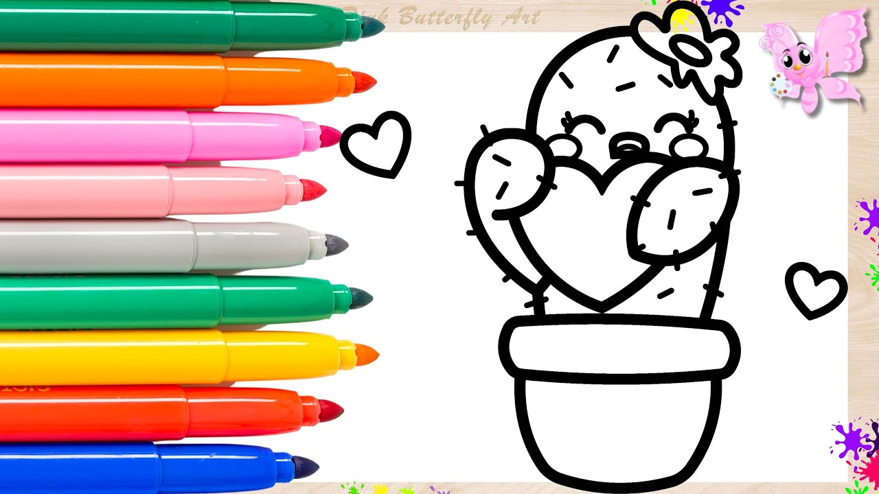 Prickly Cute Cactus Drawing and Coloring Animation for Kids Toddlers Preschoolers #pinkbutterflyart
