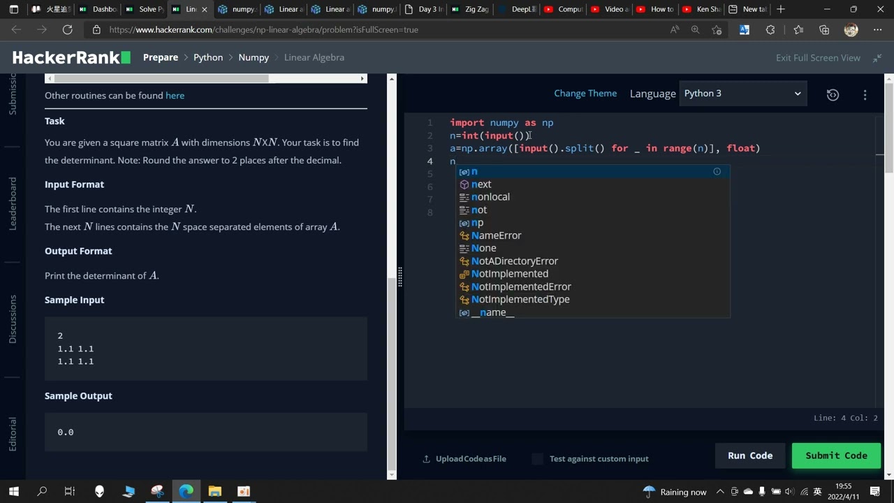 HackerRank Linear Algebra Python3