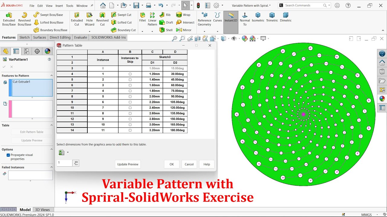 SolidWorks Advanced Tutorial Variable Pattern with Spiral