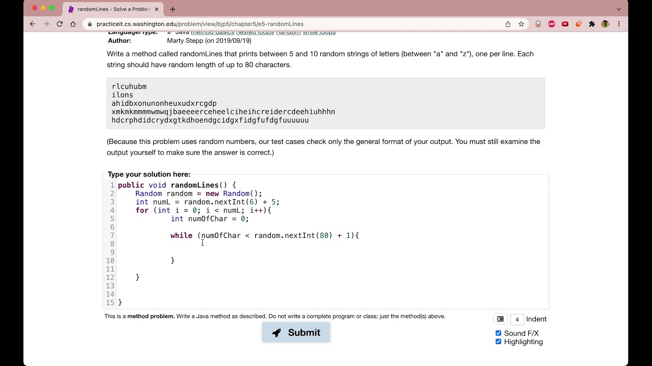 Exercise 5.5 (randomLines) Java Tutorial || Practice-It