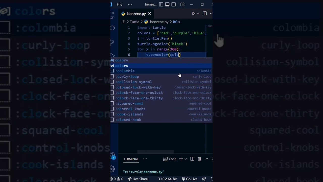 Rainbow Benzene in Python Turtle 🐢 Code uploaded on GitHub. Link in description.