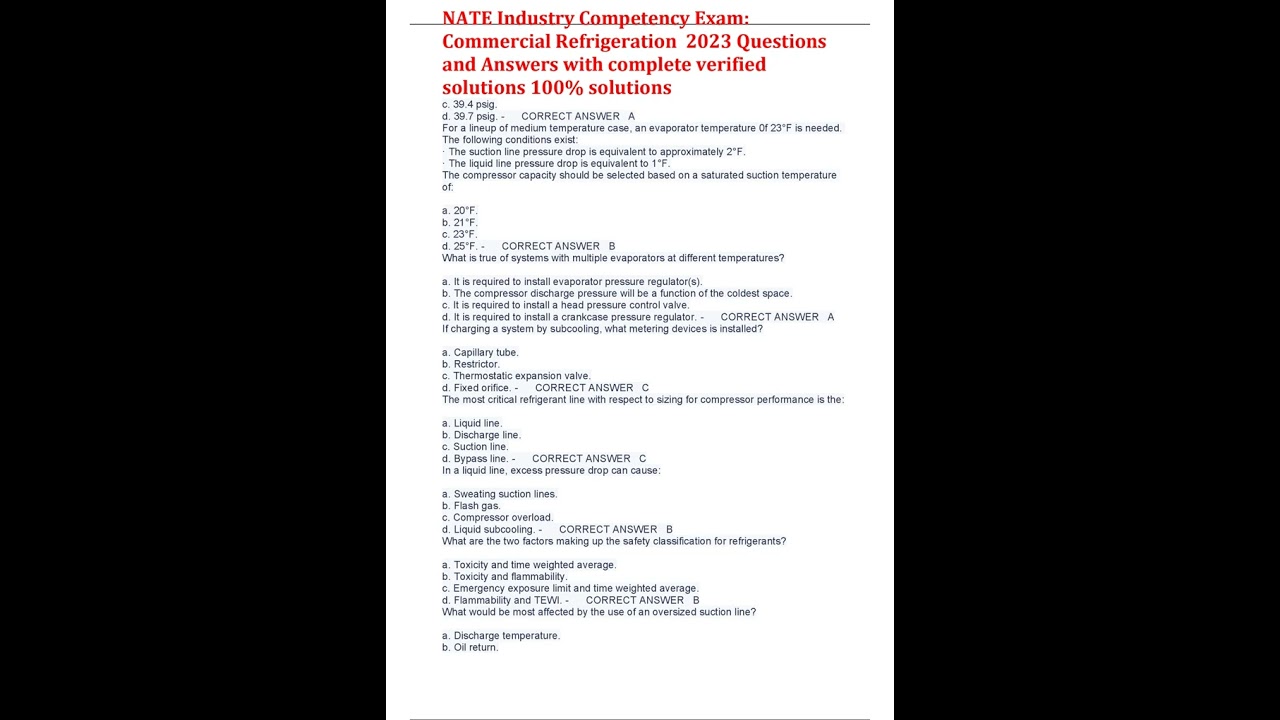 NATE Industry Competency Exam; Commercial Refrigeration 2023 Questions and Answers with complete ver