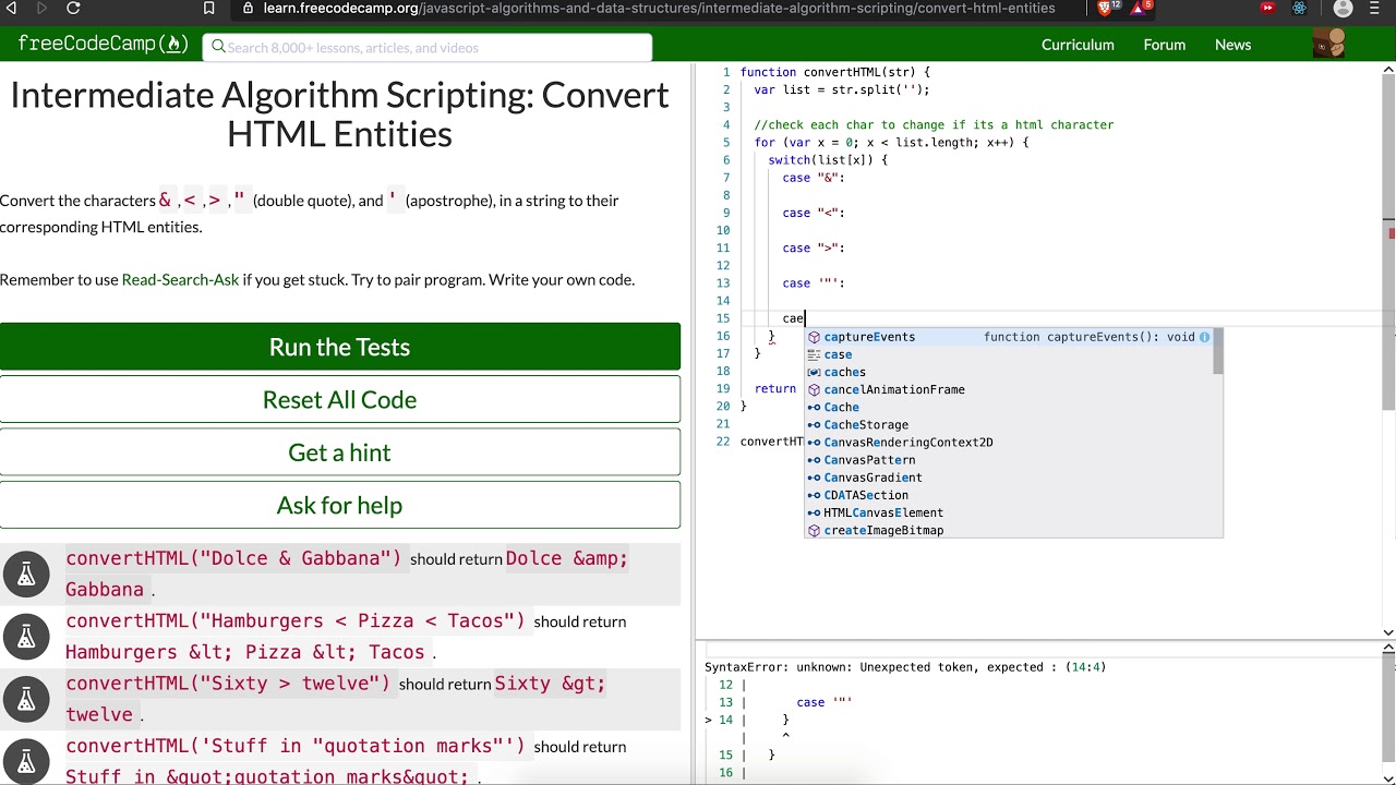 Lets play free code camp Intermediate Algorithm Scripting: Convert HTML Entities