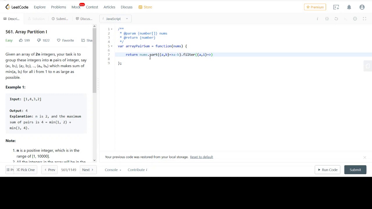 LeetCode 561. Array Partition I JavaScript Solution: One Line
