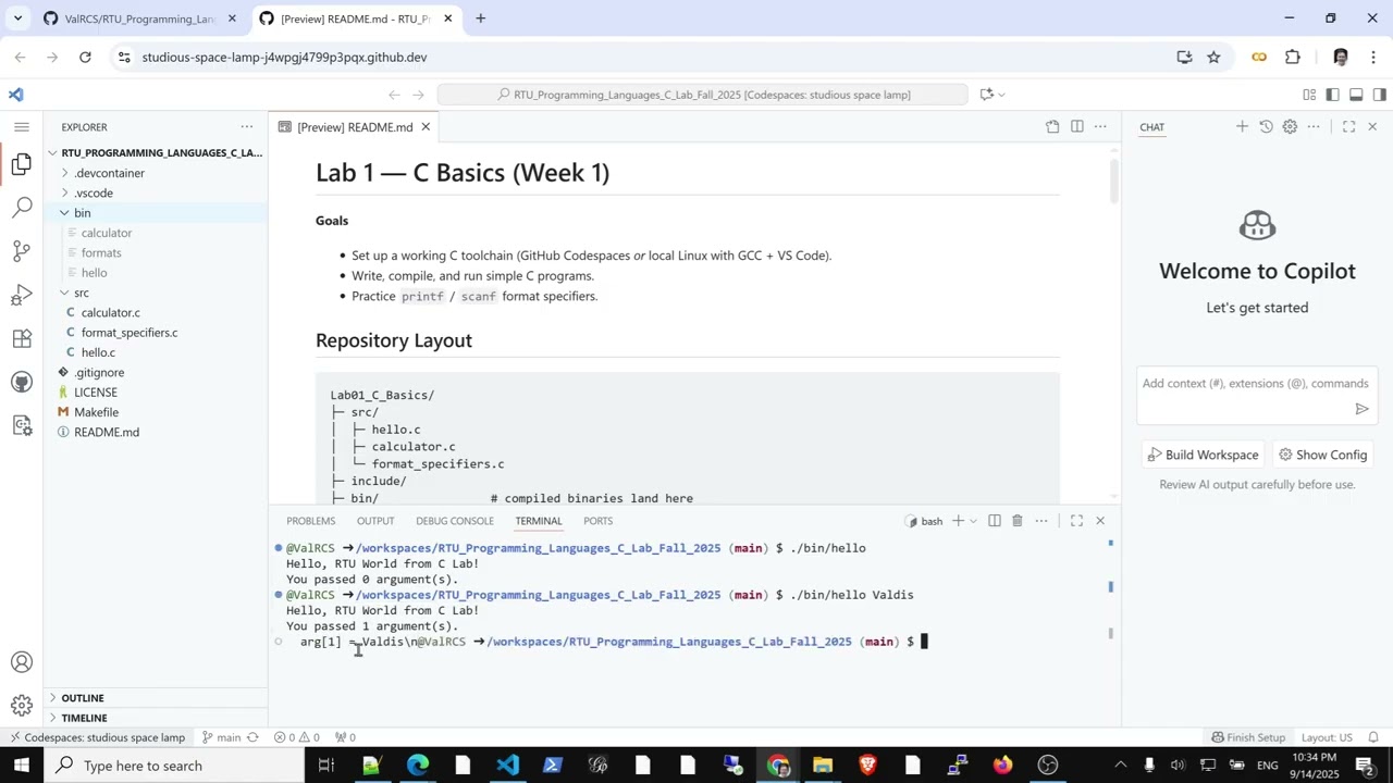 How to Set Up Github Codespaces for C programming Language 2025 09 14