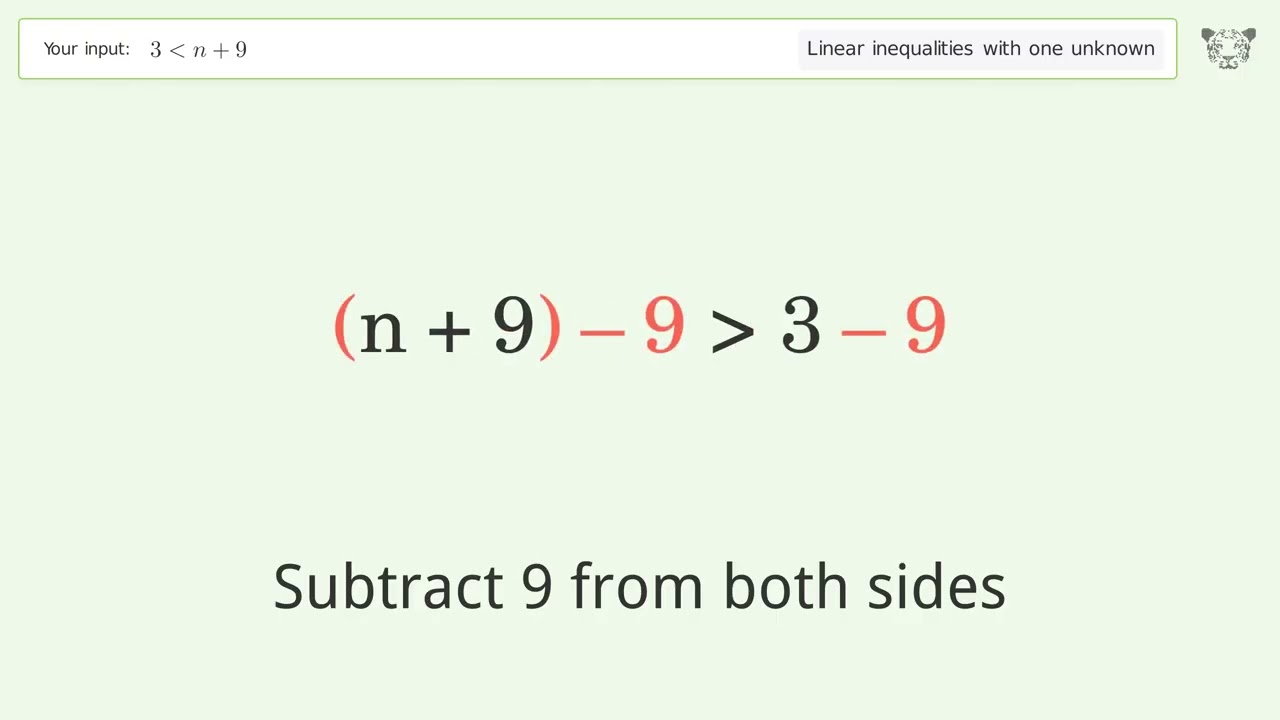3 less than n+9 - Solve linear inequalities with one unknown