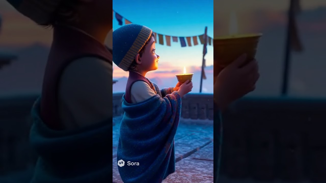 A child lights a butter-lamp beneath the Himalayan sky.