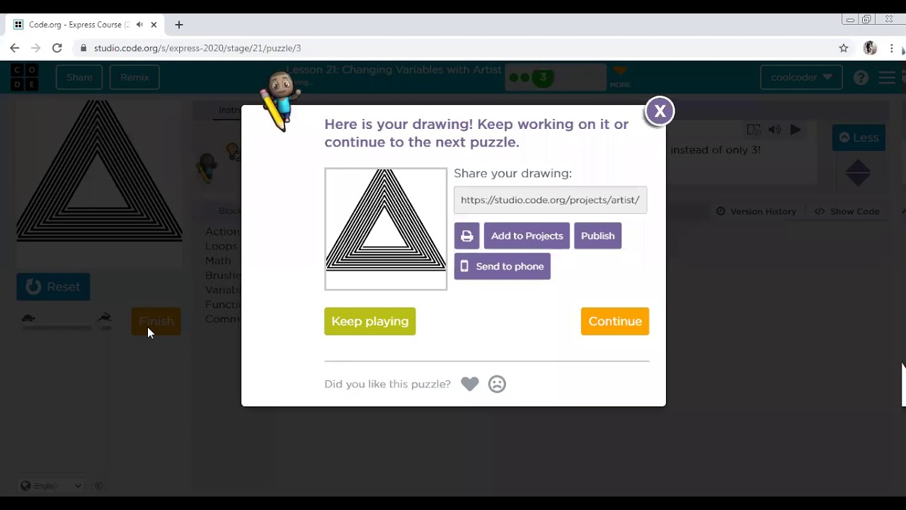 Lesson-21, changing variables with artist of CS Fundamental Express Course, code.org