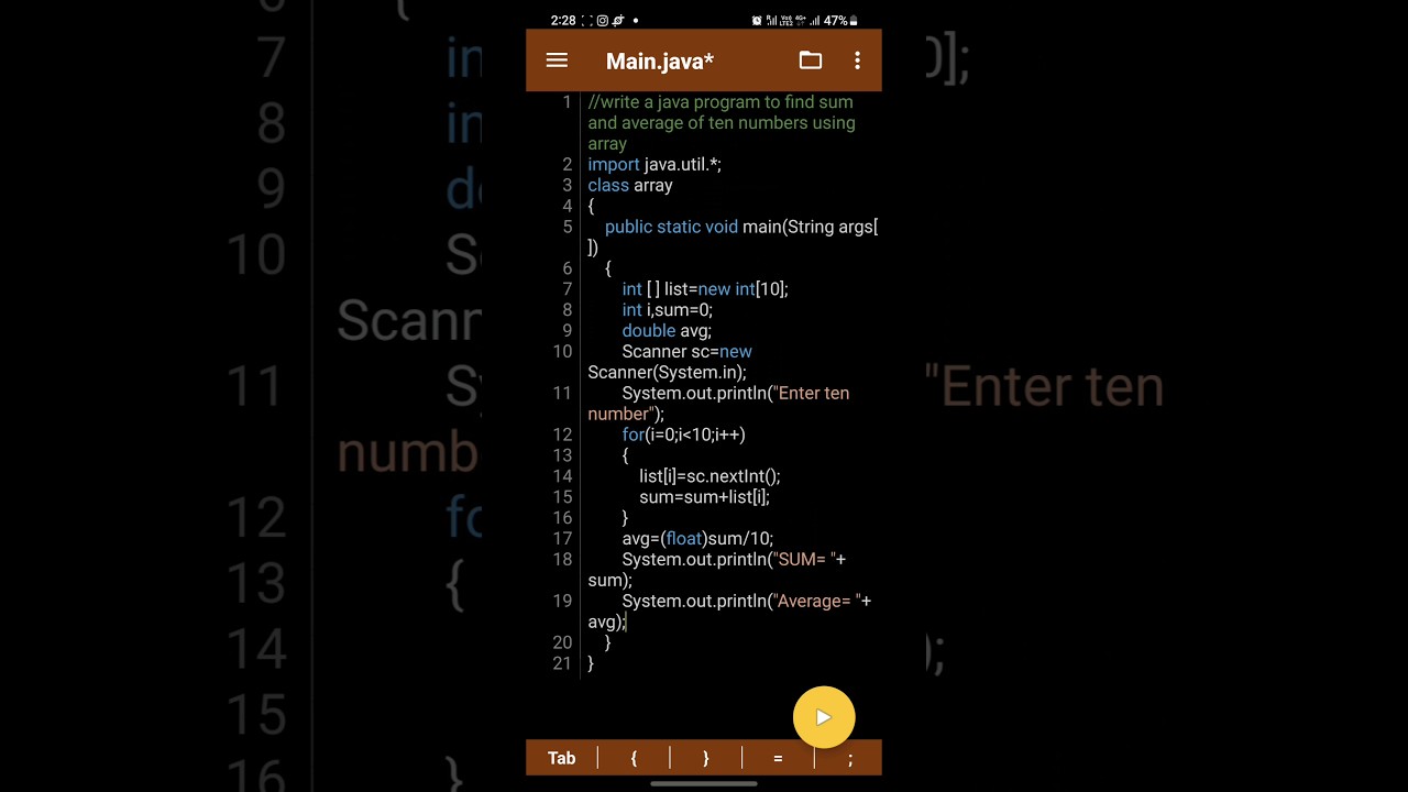 java program to find  sum and average ten number using array #quicktechpoint #coding #java