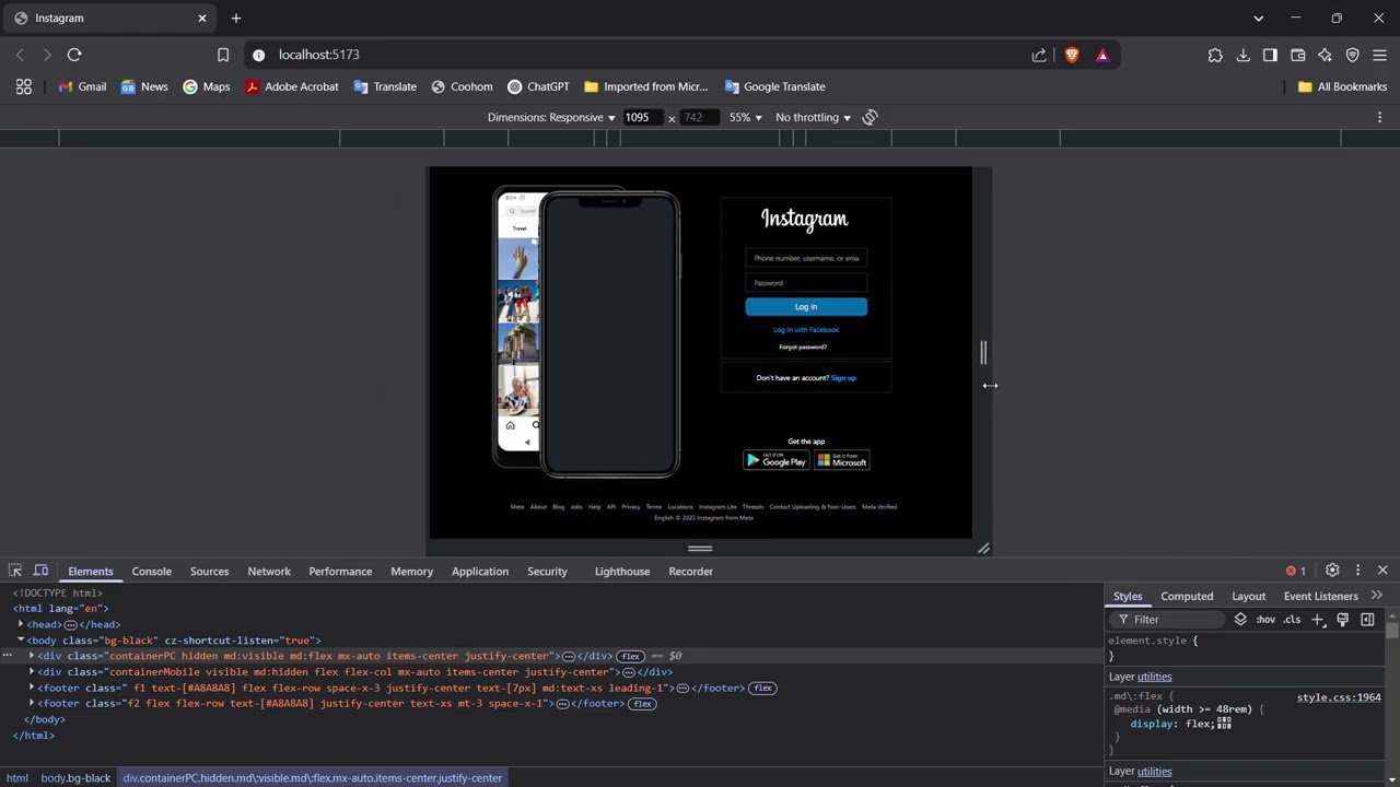 Instagram login page clone using HTML5 and TailwindCSS - Fully Responsive