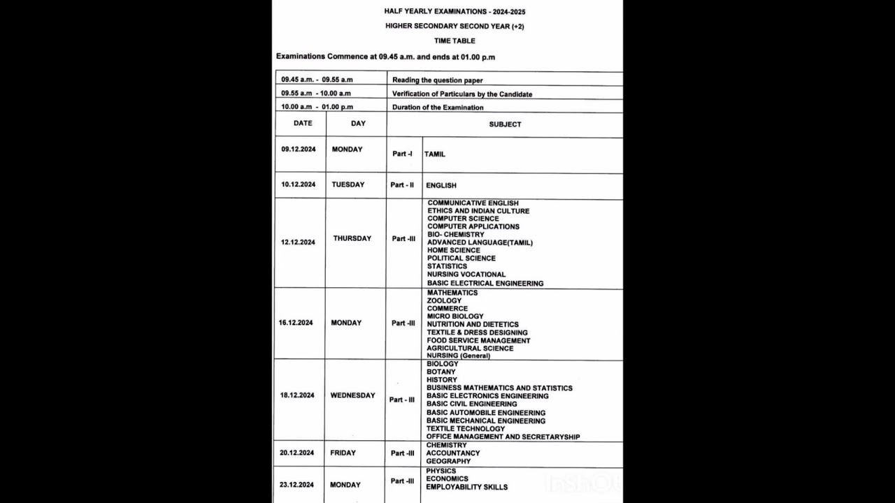 12th half yearly exam new time table 2024-25
