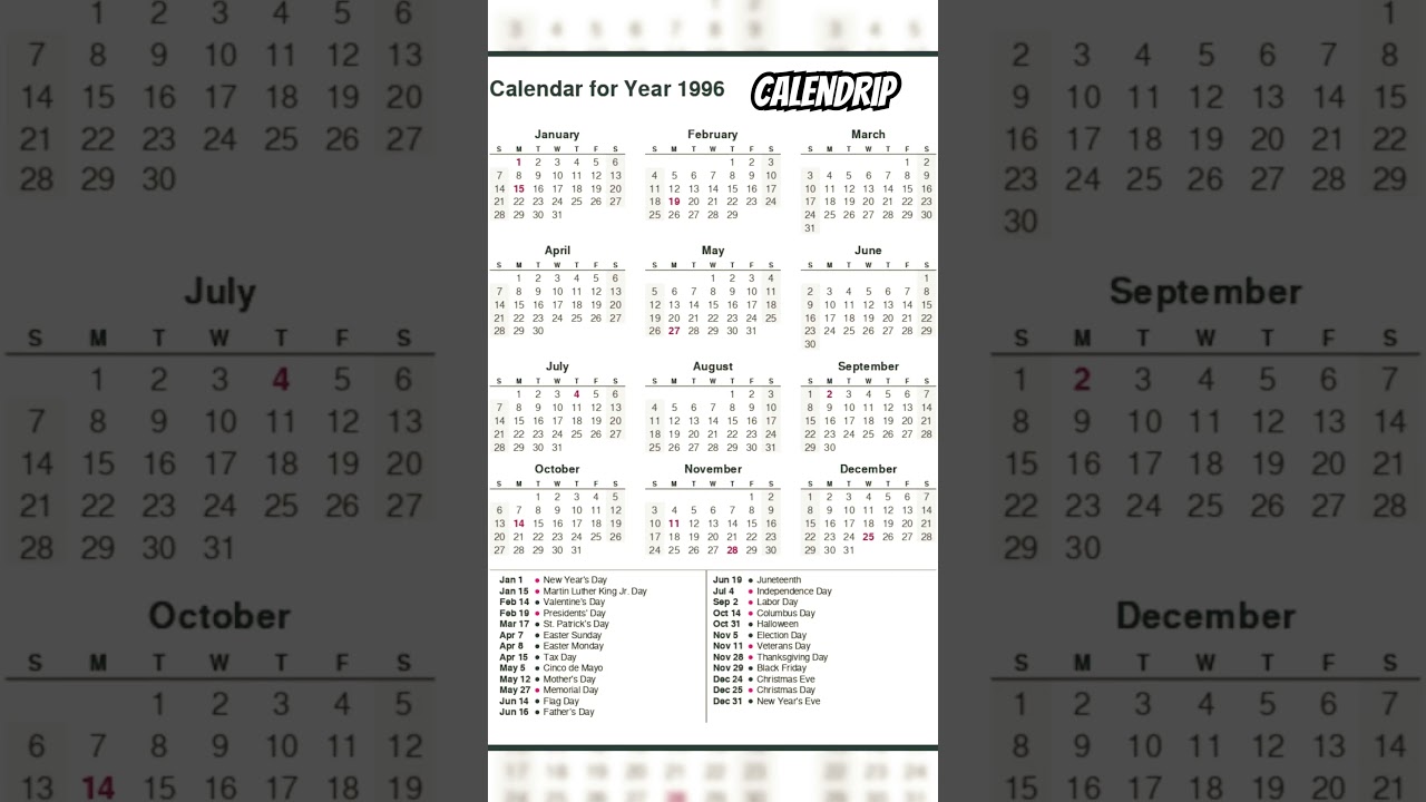 Calendar 1996 #monthsoftheyear