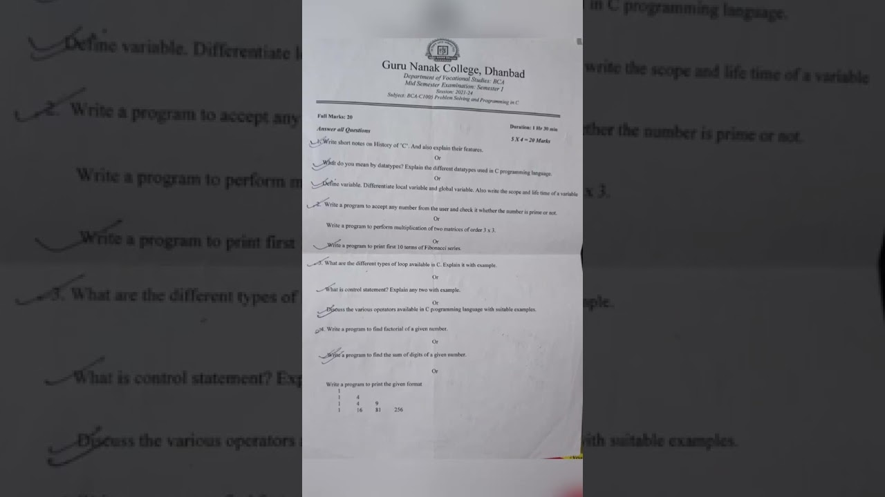 #BCA 2021 Mid semester -1 programming in c question paper #aspirants #study