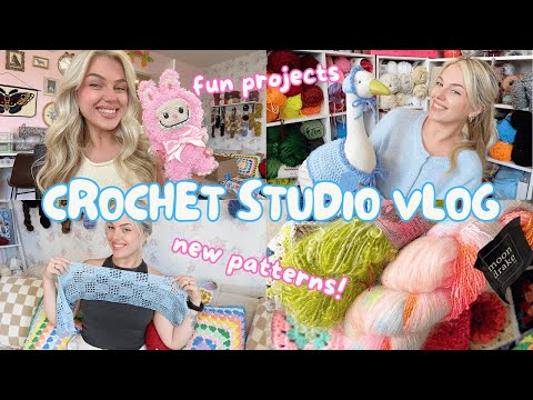 Crochet with me / Studio VLOG - custom labubu, porch goose fits, and writing new summer patterns!