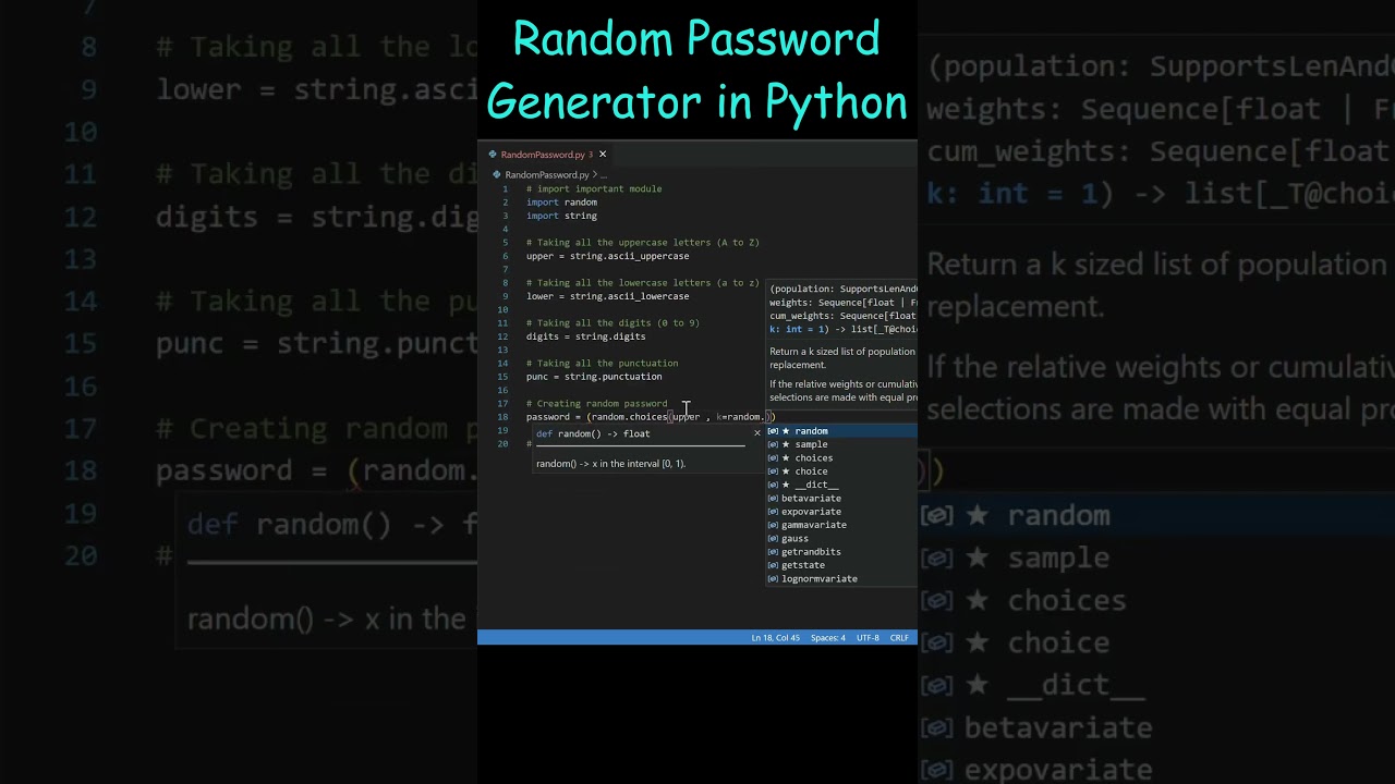 Random Password Generator in Python✅.   #python3 #pythonforbeginners #random #passwordgenerator