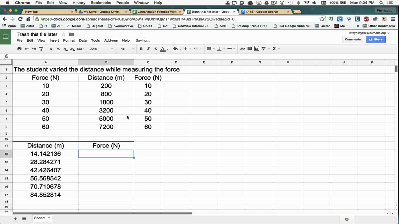 Linearizing Data Example in Google Sheets