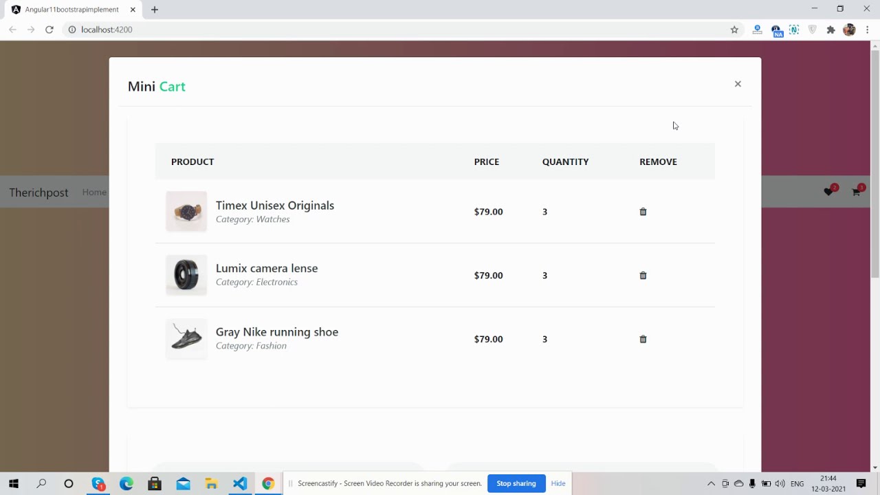 Angular 11 Bootstrap 4 Mini Cart Inside Modal