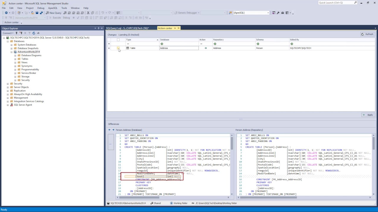 Using a Working folder with SQL Server source control